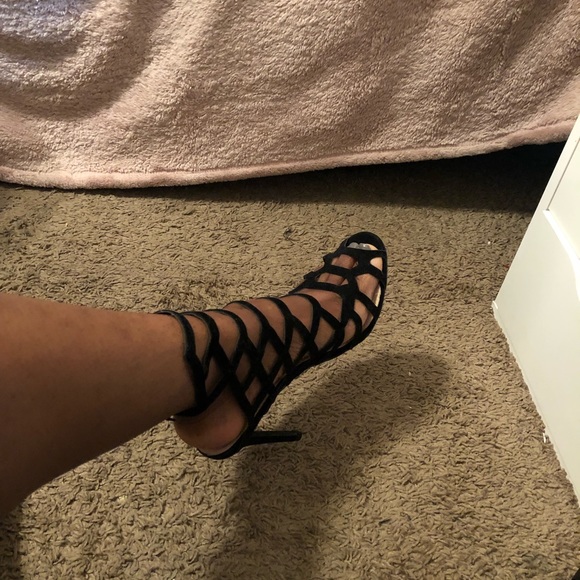 Public Desire | Shoes | Black Suede Open Toe Caged Heels | Poshmark